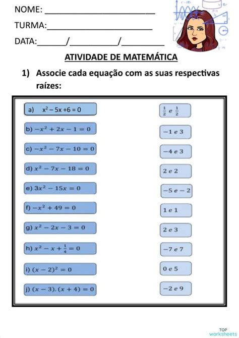 Equações Do Segundo Grau Ficha Interativa Topworksheets