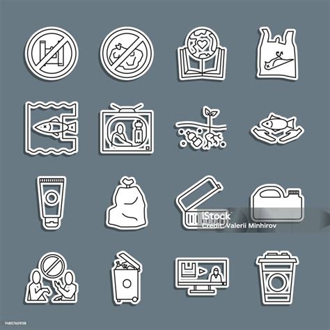 세트 라인 종이 유리 기계 기름 캐니스터 물고기 관리 지구 지구본 및 책 플라스틱 오염 방지 바다 가방 포스터 및 행성 아이콘의