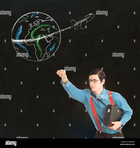Nerd Geek Businessman Chalk Globe Jet World Travel Stock Photo Alamy