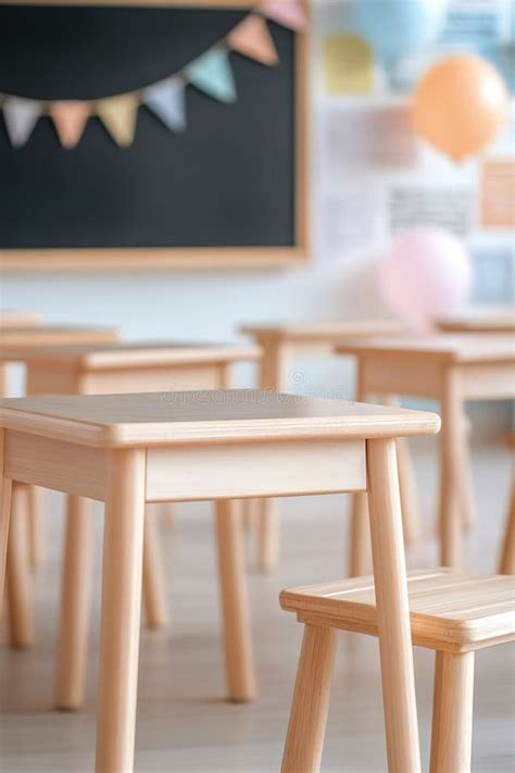 Softly Lit Primary School Classroom Features Neatly Arranged Small Wooden Desks Colorful