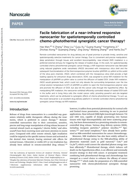 Pdf Facile Fabrication Of A Near Infrared Responsive Nanocarrier For Spatiotemporally