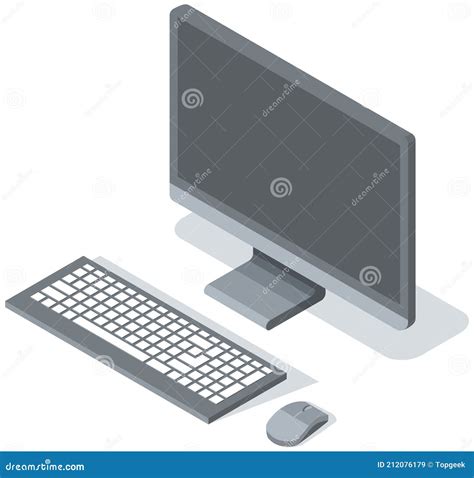 Vector Modern Desktop Computer With Blank Gray Widescreen Monitor Wireless Keyboard And Mouse
