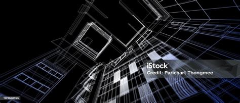 건축 건물 공간 디자인 개념 3d 원근법 그라데이션 색깔 철사 프레임 렌더링 검정 배경 0명에 대한 스톡 사진 및 기타 이미지 0명 3차원 형태 개념 Istock