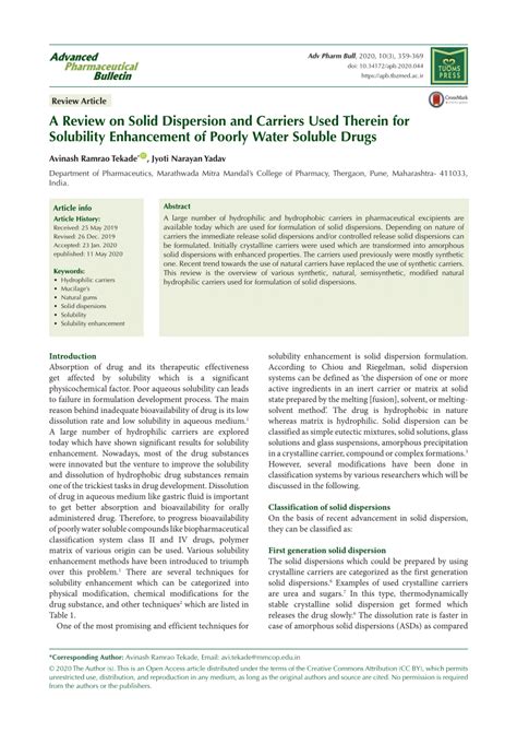 Pdf A Review On Solid Dispersion And Carriers Used Therein For Solubility Enhancement Of