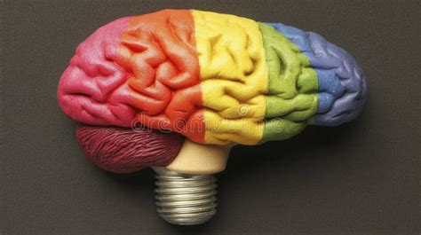 Rainbow Colored Brain Model With Light Bulb Base Representing Creative Thinking Stock