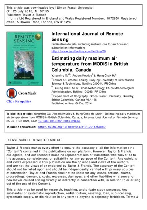 Pdf Estimating Daily Maximum Air Temperature From Modis In British Columbia Canada