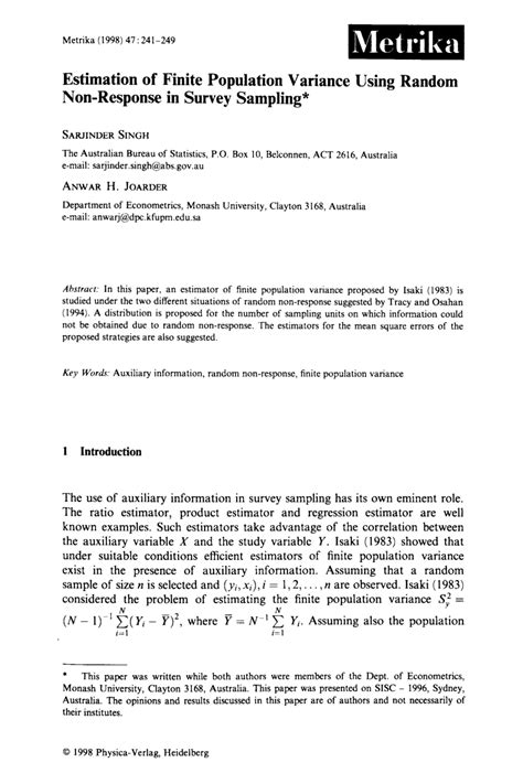 Pdf Estimation Of Finite Population Variance Using Random Non