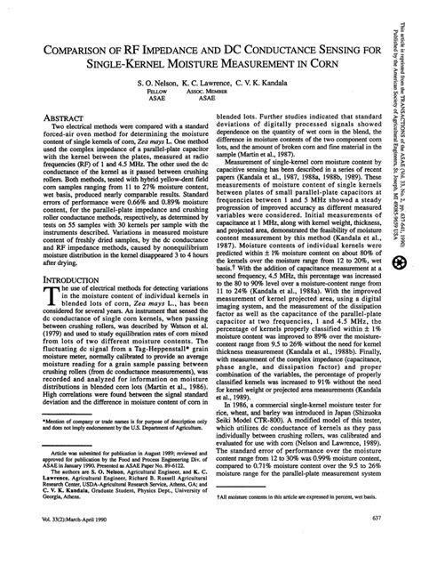 Pdf Comparison Of Rf Impedance And Dc Conductance Sensing For Single Kernel Moisture