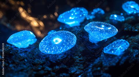 Bioluminescent Algae Cells Glowing Blue Under A Magnified Microscope