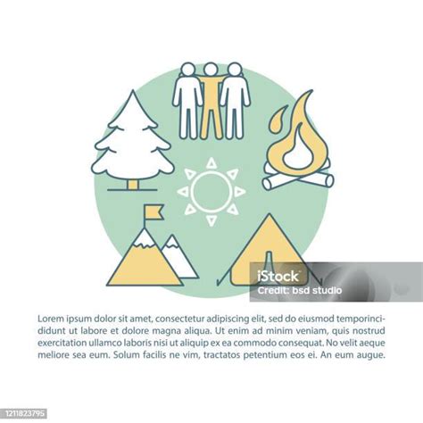 여름 캠프 휴일 기사 페이지 벡터 템플릿입니다 브로셔 잡지 선형 아이콘과 텍스트 상자소책자 디자인 요소 인쇄 디자인 텍스트 공간이 있는 개념 그림 기사 출판에 대한 스톡