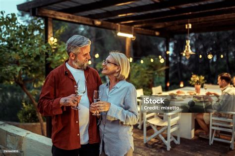 Mature Couple Enjoying Wine During Dinner Party At The Back Yard Stock