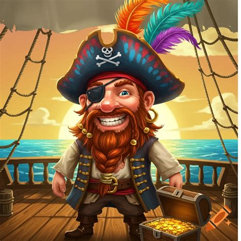 A Cartoon Pirate With An Eye Patch And Braided Beard Stands On A Ship