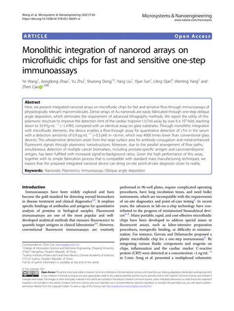 Pdf Monolithic Integration Of Nanorod Arrays On Microfluidic Chips For Fast And Sensitive One