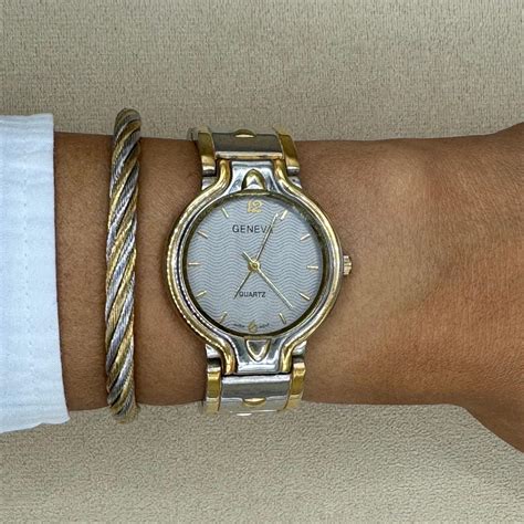 Vintage Geneva Two Tone Quartz Watch Gold And Silver Link Bracelet Classic Textured Dial