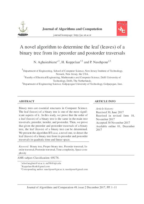 Pdf Detecting Binary Tree Leaves Via Traversals