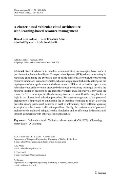 Pdf A Cluster Based Vehicular Cloud Architecture With Learning Based Resource Management