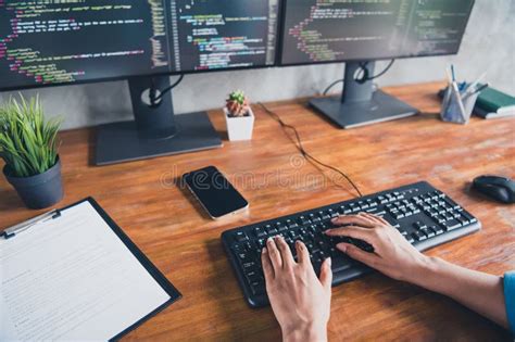Cropped Photo Of Pretty Young Girl Typing Keyboard Coding Wear Blue