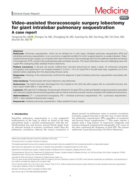 Pdf Video Assisted Thoracoscopic Surgery Lobectomy For Giant Intralobar Pulmonary