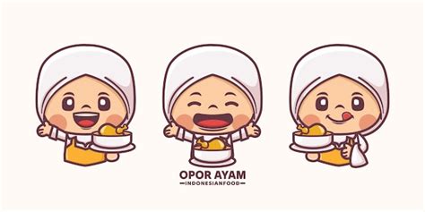 Desenho Animado De Mulher Muçulmana Com Opor Ayam Comida Tradicional