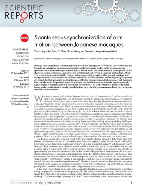 Pdf Spontaneous Synchronization Of Arm Motion Between Japanese Macaques
