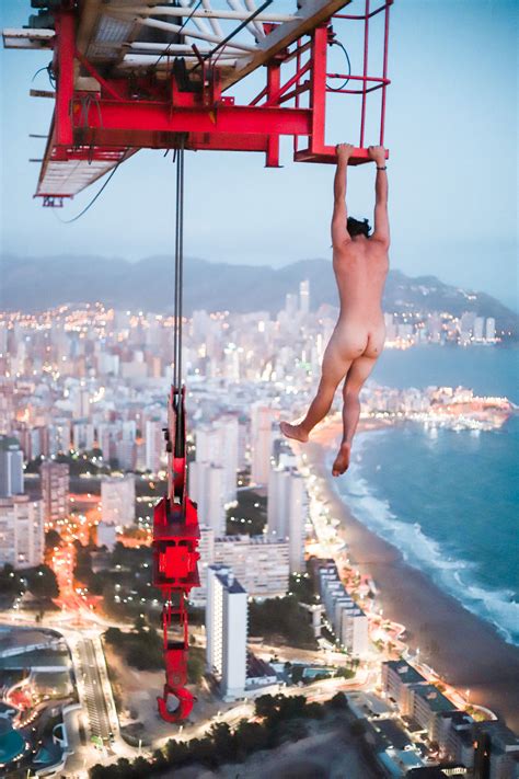 Daredevil Brit Climber Strips NAKED While Swinging Off A Ft Crane Above Benidorm Without
