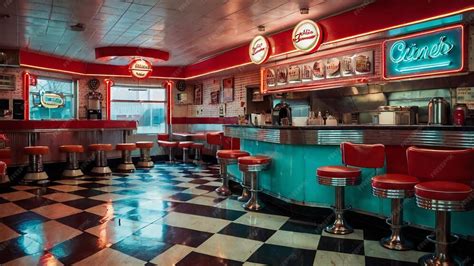 Retro Diner Interior With Neon Signs Checkered Floors Vintage Decor And Classic Seating