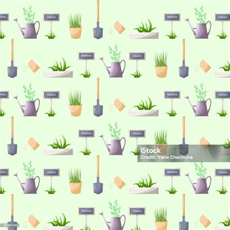 원활한 패턴입니다 원예 및 농기구 삽 물뿌리개 간판 성장하는 화분에 심은 식물 묘목 흰색 배경에 격리된 벡터 클립 아트 그림 개체 그룹에 대한 스톡 벡터 아트 및 기타