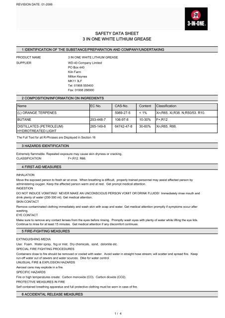 Safety Data Sheet 3 In One White Lithium Grease Part Info