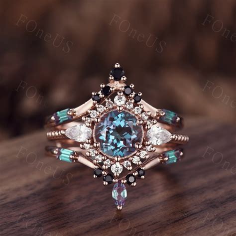 Vintage Alexandrite Engagement Ring Set Antique Rose Gold Cluster