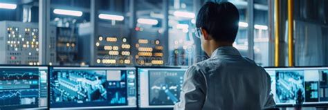 Engineer Working On Multiple Screens In A High Tech Control Room With Data Displays Perfect For