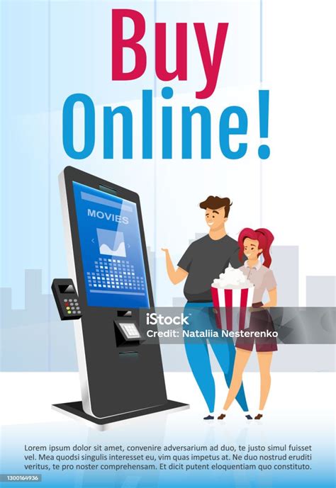 온라인 브로셔 템플릿을 구입합니다 시네마 셀프 서비스 키오스크 전단지 소책자 플랫 일러스트가 있는 전단지 컨셉 텍스트 공간이있는