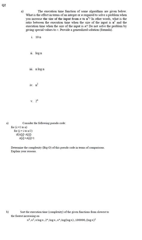 solved q2 a the execution time function of some algorithms