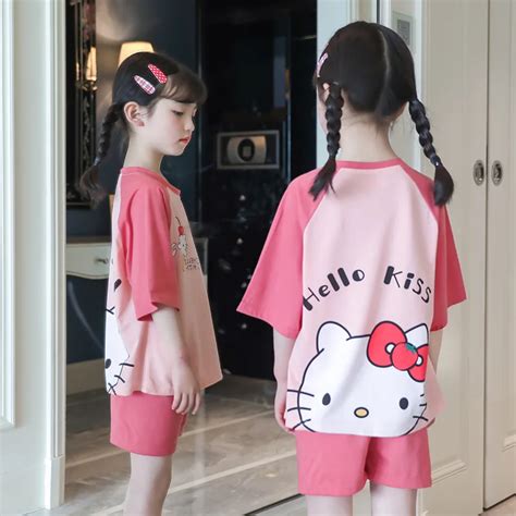 산리오 헬로 키티 만화 어린이 잠옷 여아 반팔 반바지 코튼 아동 잠옷 의류세트 AliExpress