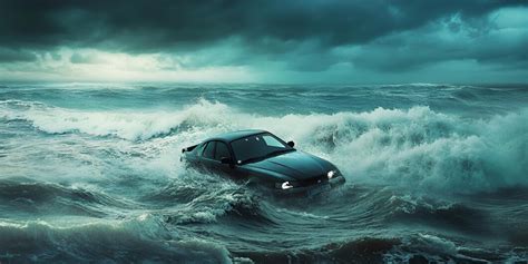 A Car In The Ocean Is Driving Through The Waves Premium Ai Generated