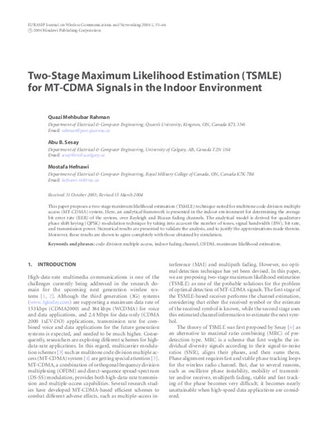 Pdf Two Stage Maximum Likelihood Estimation Tsmle For Mt Cdma Signals In The Indoor Environment