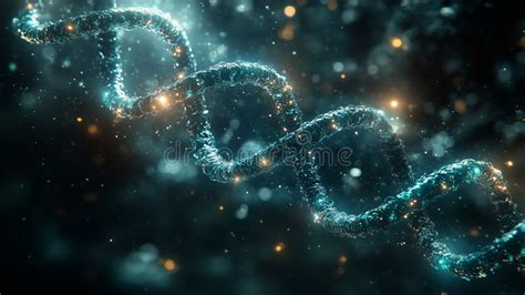 Glowing Digital Dna Strand With Particles On A Dark Background