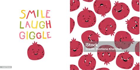 석류 인사말 카드와 비문 미소 웃음 웃음 웃음 창조적 인 원활한 패턴 행복한 얼굴과 재미있는 캐릭터 심플한 손으로 그린 스칸디나비아 스타일로 만화 벡터 일러스트 0명에 대한