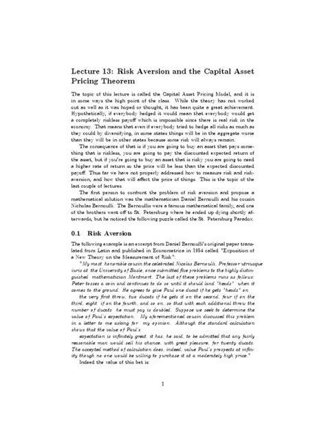Lecture 13 Risk Aversion And The Capital Asset Pricing Theorem Pdf Utility Risk Aversion