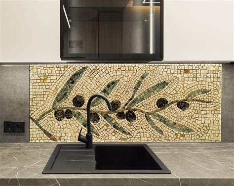 Olive Branch Mosaic Glass Wall Art Mediterranean Tile Glass Print