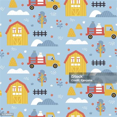 농장 자동차 나무 식물 집 트럭 트랙터 가방 울타리 언덕 언덕 창고 건초 더미가있는 완벽한 귀여운 벡터 패턴 0명에 대한 스톡 벡터 아트 및 기타 이미지 Istock
