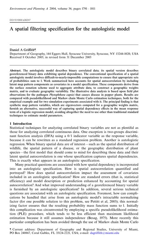Pdf A Spatial Filtering Specification For The Auto Logistic Model