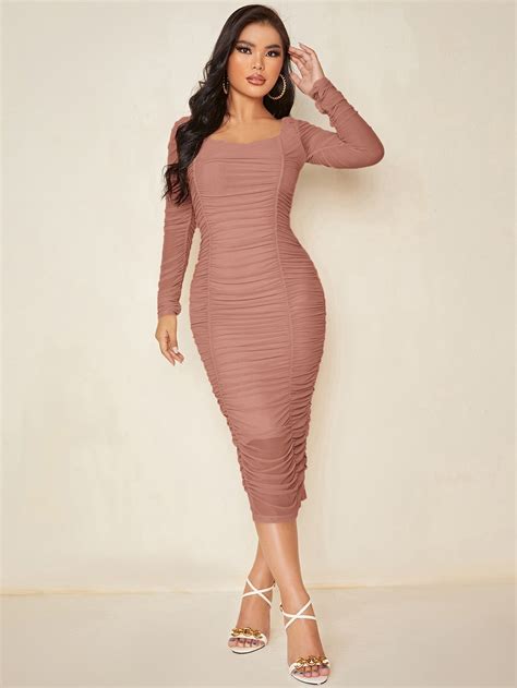 Shein Sxy Ruched Mesh Bodycon Dress Long Bodycon Dress Body Con