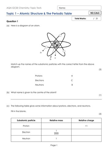 Gcse Chemistry Atomic Structure Topic Test Teaching Resources
