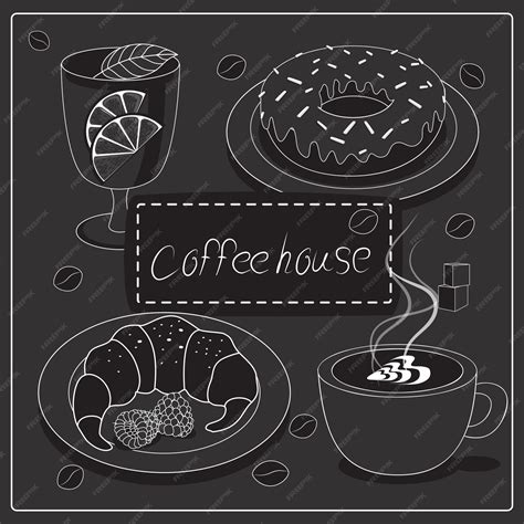 Menu Pour Le Café Tableau Noir Avec Café Et Pâtisseries Croissant Thé Boisson Beignet Vecteur