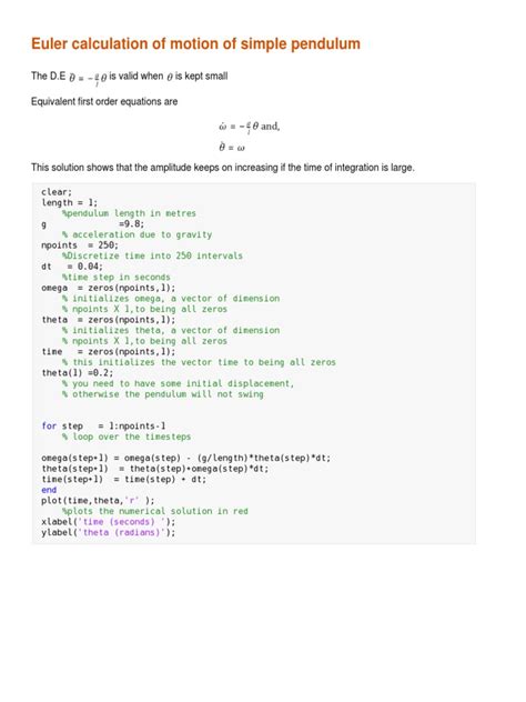 Motion Of Simple Pendulum Using Matlab Pdf