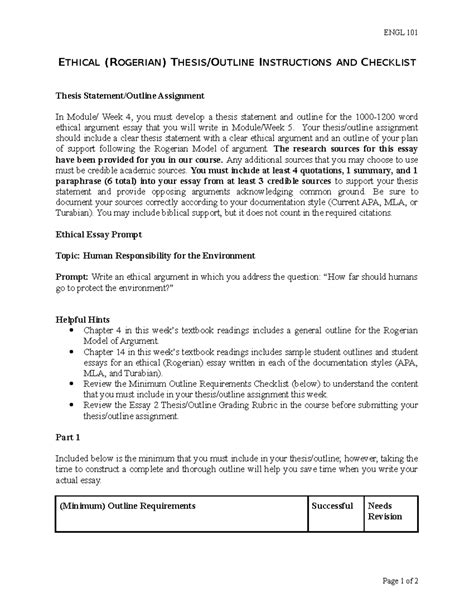 Essay 2 Thesis Outline Instructions And Checklist Engl 101 Ethical Rogerian Thesis Outline