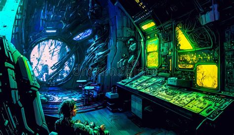 Man Sitting In Front Of Computer Monitor In Room Generative Ai Stock Illustration