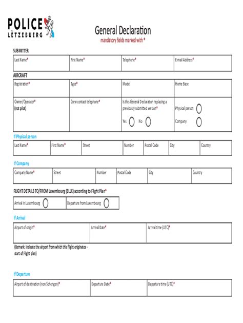 Fillable Online General Declaration Form For Pilots Leaving Or Entering