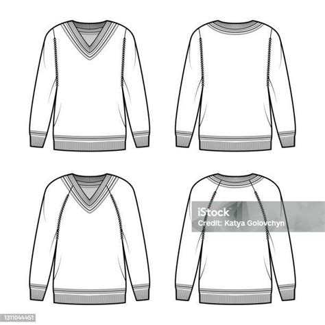 리브 V넥 긴 라글란 슬리브 엉덩이 길이 커프 스트라이프가 있는 크리켓 스웨터 테크니컬 패션 일러스트레이션 세트 0명에 대한 스톡 벡터 아트 및 기타 이미지 Istock