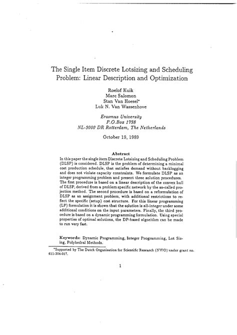 Pdf The Single Item Discrete Lotsizing And Scheduling Problem Linear Description And